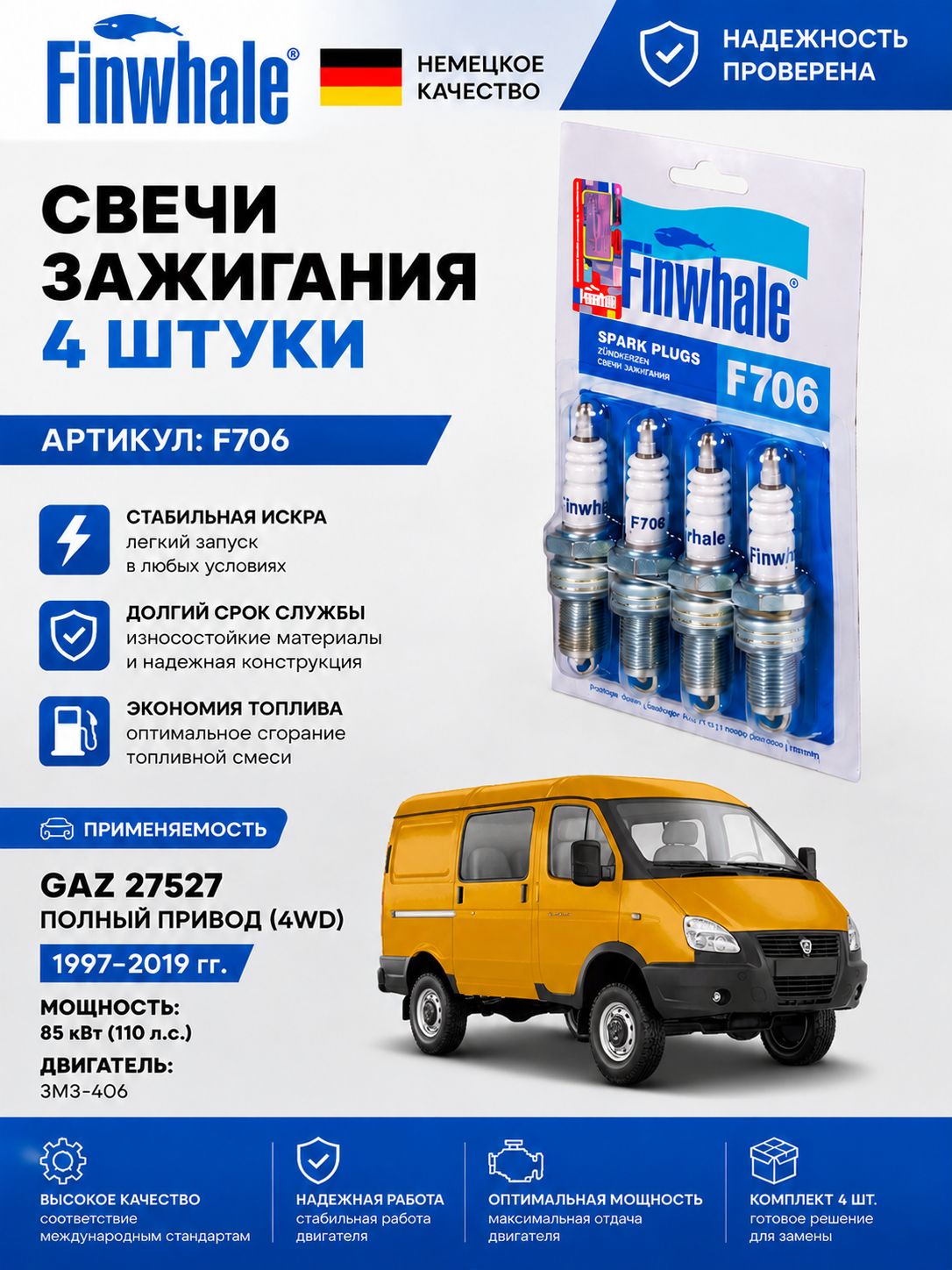 Свечи зажигания 4 шт. на ГАЗ 27527 GAZ 27527