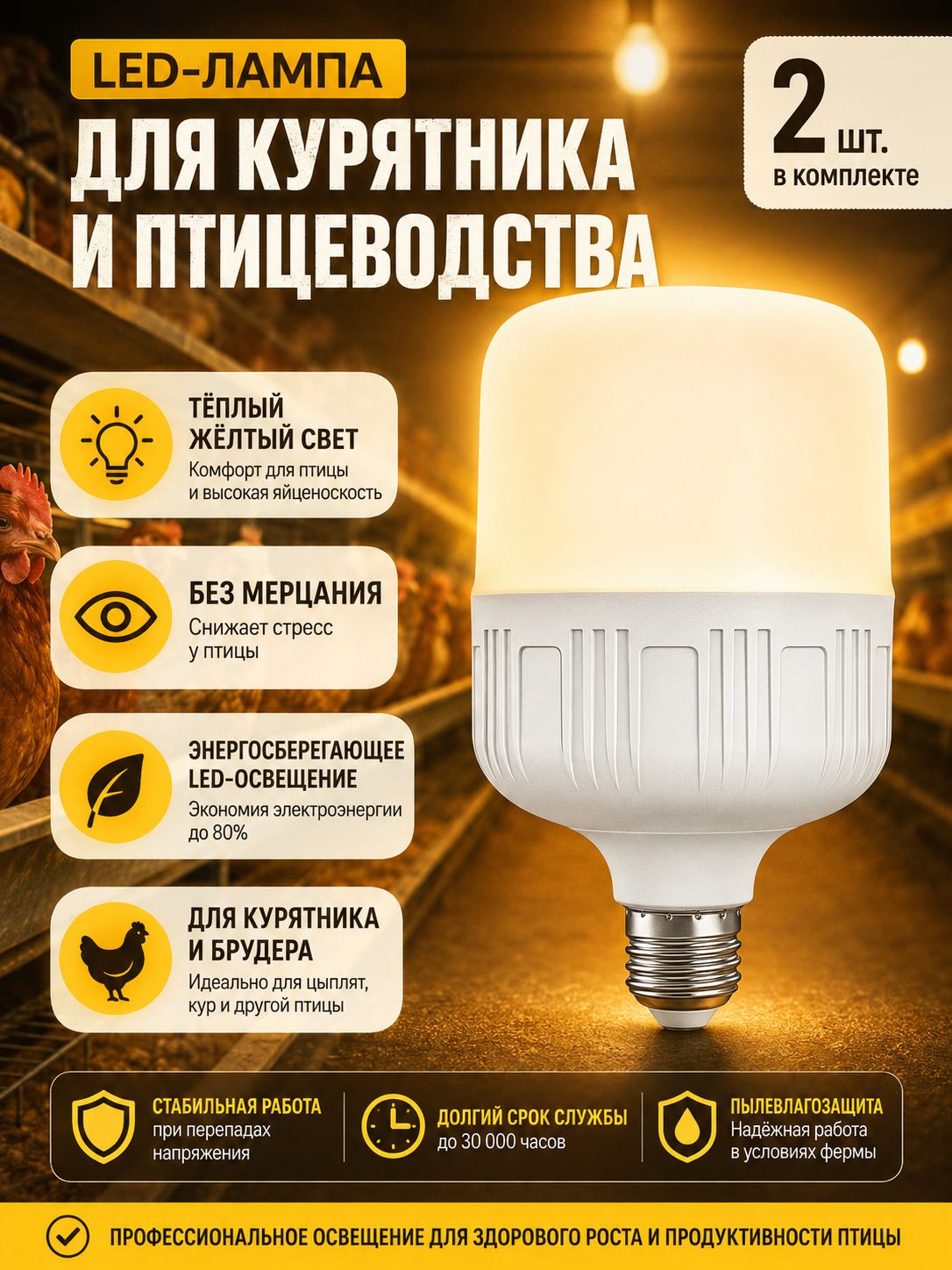 LED-лампы для курятника и птицеводства E27, тёплый жёлтый свет, для цыплят, брудера и птицефермы, комплект 2 шт.
