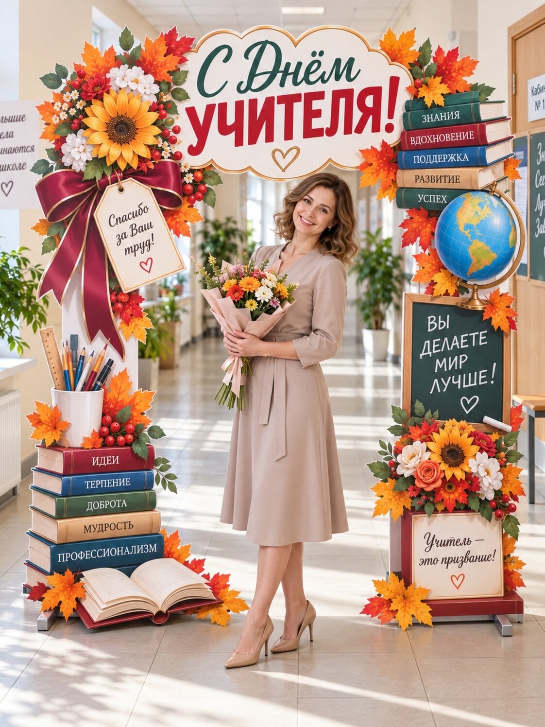 Фоторамка на День учителя — оформление фотозоны для школы, арка с проёмом для классного фото