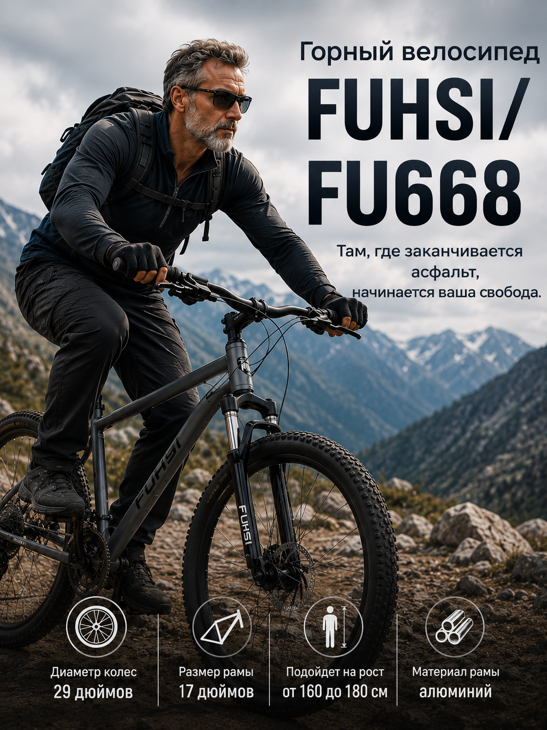 Горный велосипед BREND FUHSI ORIGINAL FU668, диаметр колес 29", 21 скорость, рама алюминий, серый