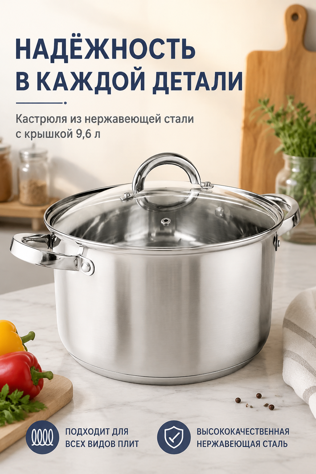 Кастрюля из нержавеющей стали 9,6 л с крышкой, для всех видов плит