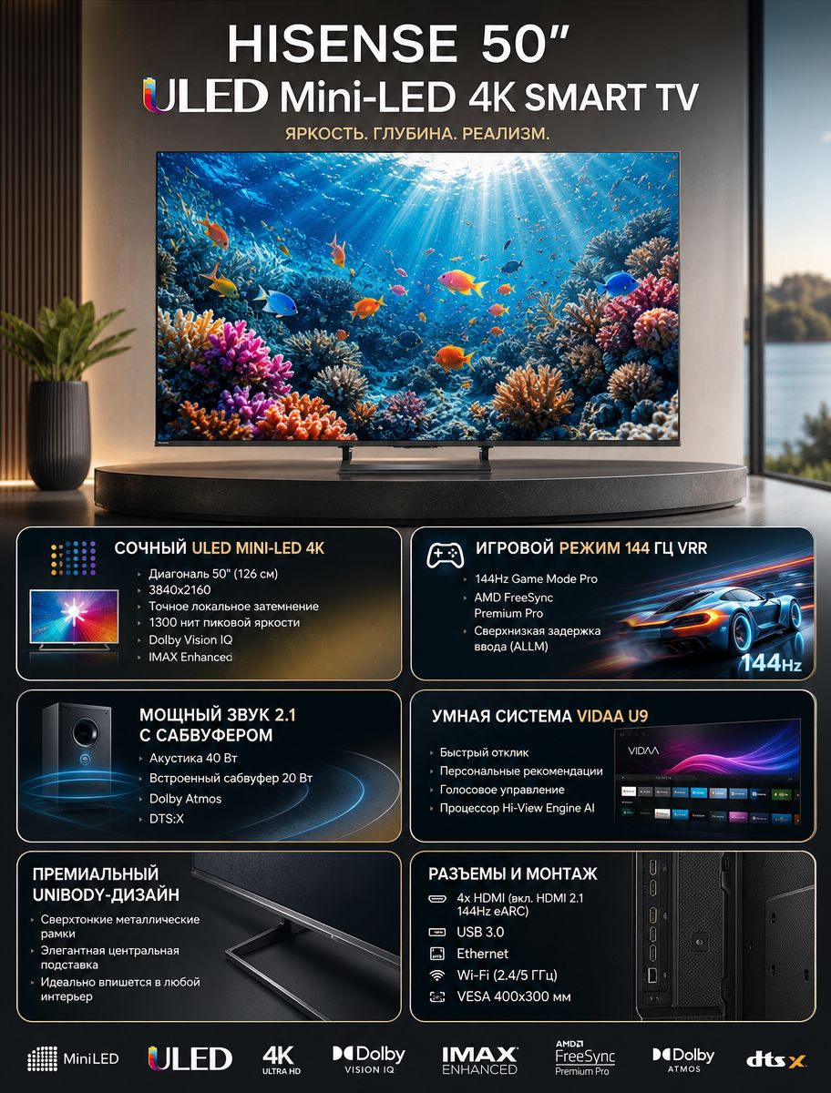 Телевизор Hisense 50U7S 50" QLED 4K UHD, VIDAA U9, черный