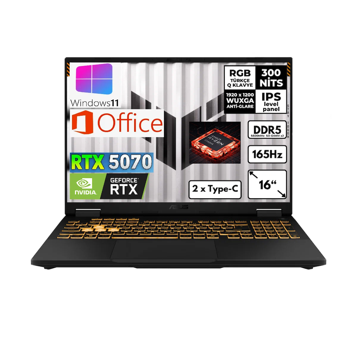 Игровой ноутбук 16" ASUS TUF: Ryzen 9 8940HX (до 5.3 ггц),32 Gb DDR5, SSD 1 TB, RTX 5070-8 GB, Win 11+Office, рус. клав.
