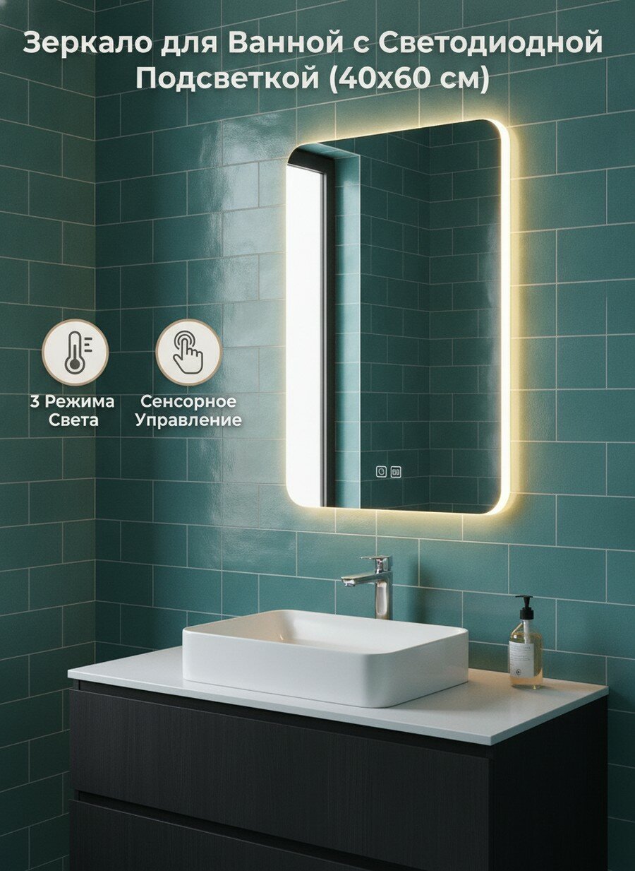 Зеркало настенное прямоугольное 40х61 см с LED-подсветкой и Bluetooth-колонкой, сенсорное управление, Антизапотевание