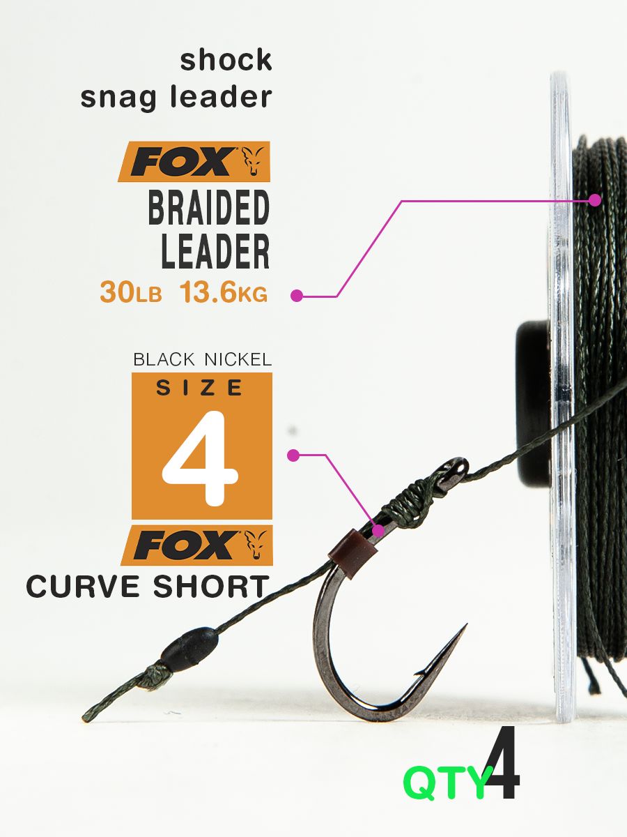 Готовые рыболовные поводки с крючком FOX Curve Shot №4, FOX BRAIDED LEADER 30LB - 18см, в уп. 4шт