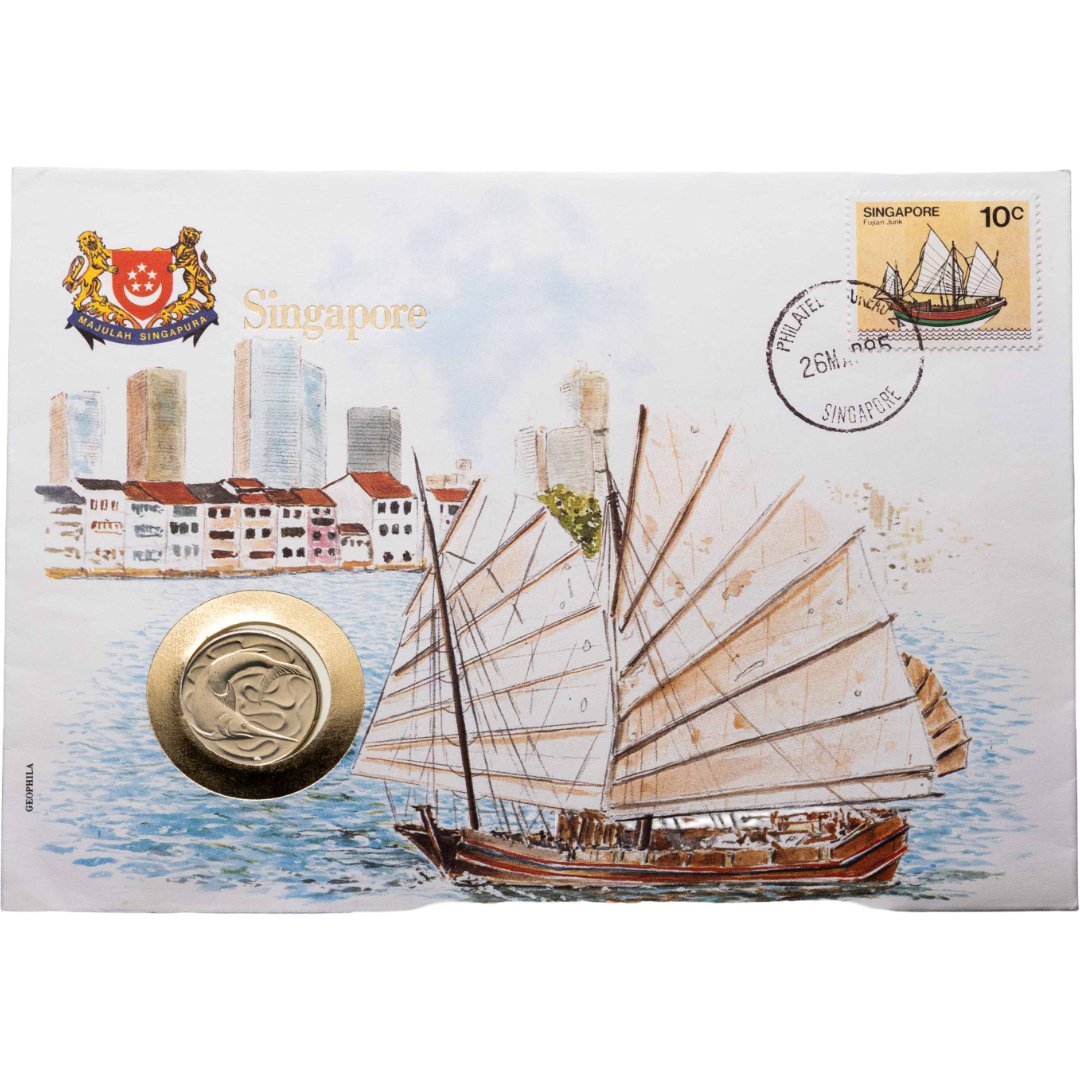 Сингапур 20 центов cents 1984 в конверте с маркой, Мельхиор медь-никель, в сохранности UNC