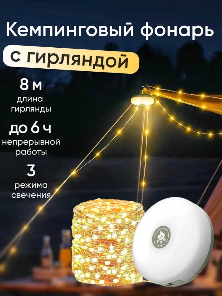 Светодиодный фонарь-гирлянда 8 метров для кемпинга, 2000 мАч, теплый свет, влагозащита