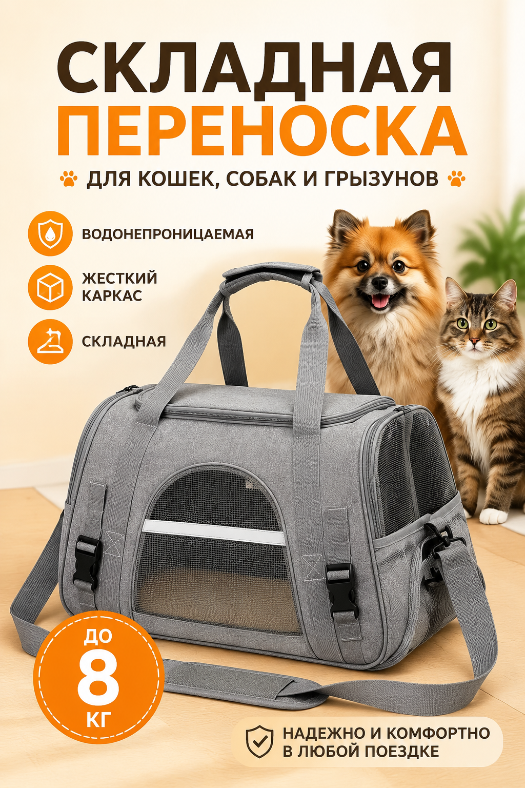 Складная водонепроницаемая переноска для кошек, собак и грызунов с жестким каркасом до 8 кг