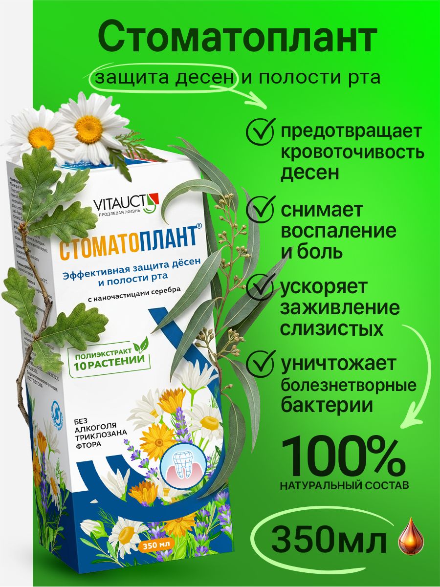 Стоматоплант Витаукт ополаскиватель для полости рта и десен на основе коллоидного серебра и целебных трав. Является средством профилактики стоматита и пародонтоза Производитель Vitauct, 350 мл
