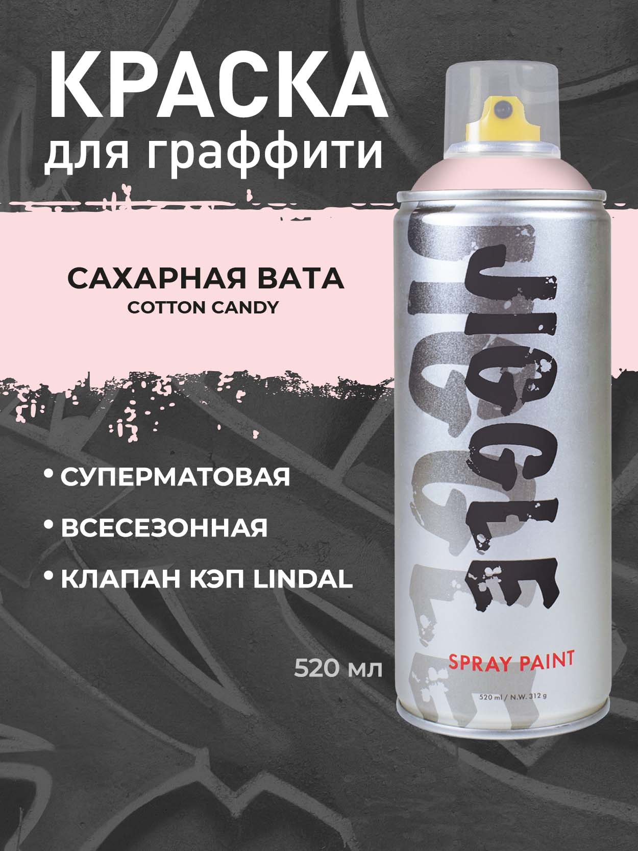 Аэрозольная краска для граффити в баллончике JIGGLE PRO суперматовая, 520 мл, COTTON CANDY/Сахарная вата