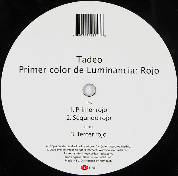 Виниловая пластинка Tadeo - Primer Color De Luminancia: Rojo (12" Tech House, Minimal 2006)