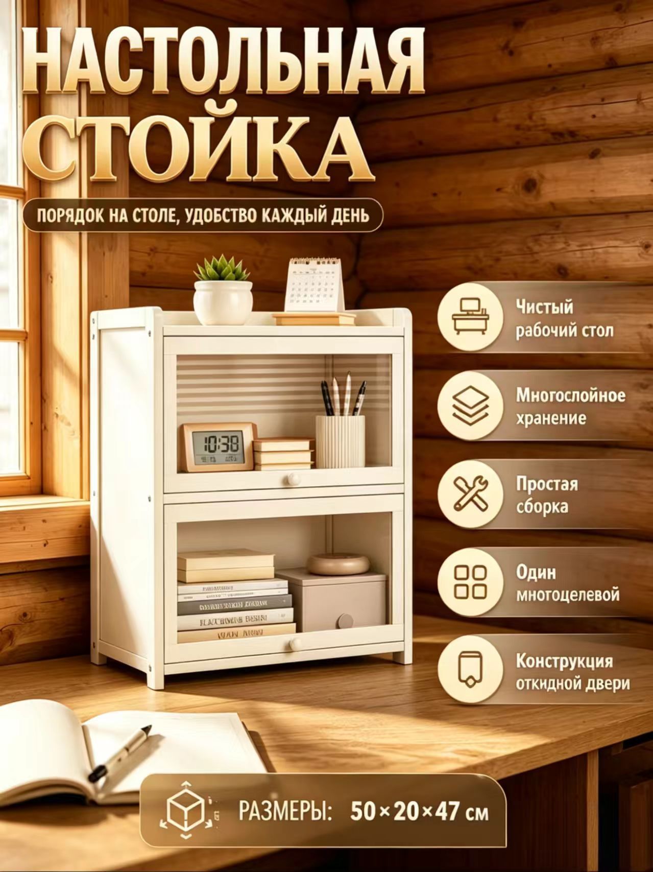 Полка Настольная, 35х20х47 см, настенная полка из МДФ белого цвета, ширина 35 см, высота 47 см, глубина 20 см