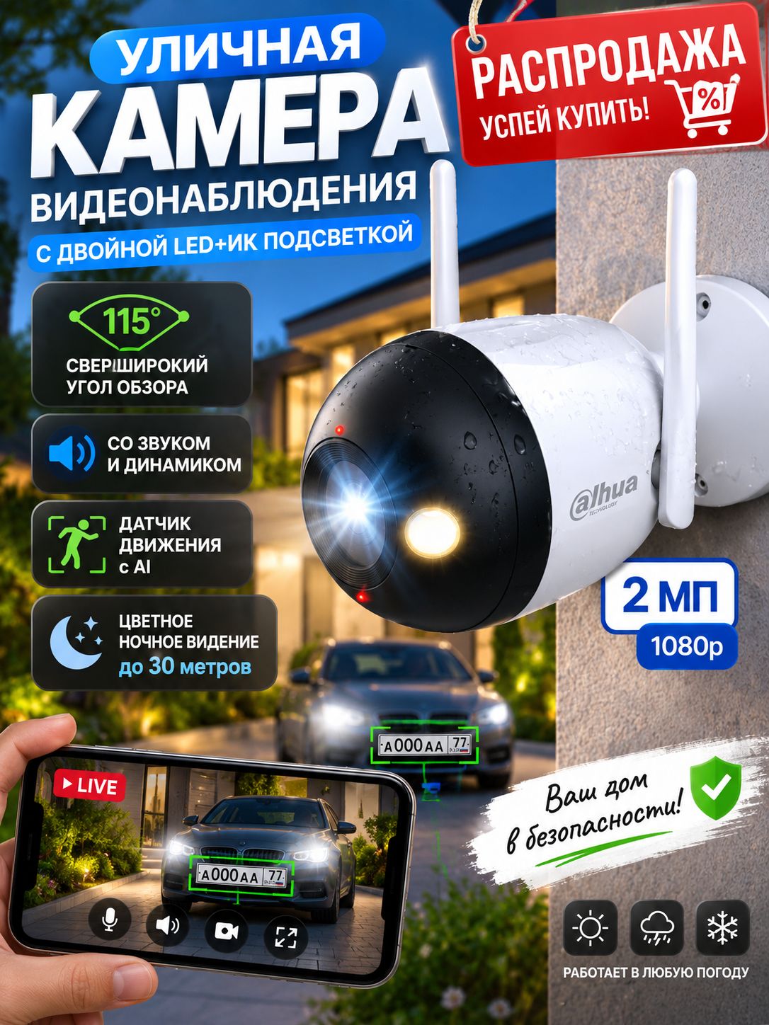 Уличная WiFi камера видеонаблюдения для дома, 2 Мп Full HD, ИИ обнаружение человека, двусторонняя связь, цветное ночное видение 30 м, светозвуковая тревога, Dahua DH-IPC-F2CP-PV-0280B