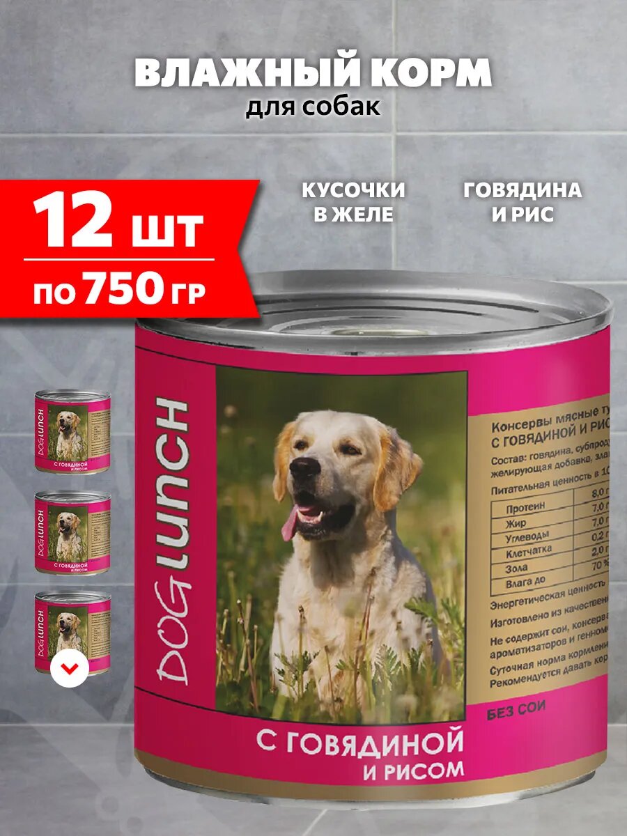 Корм влажный Dog Lunch для взрослых собак, говядина, рис, 750 г 12 шт