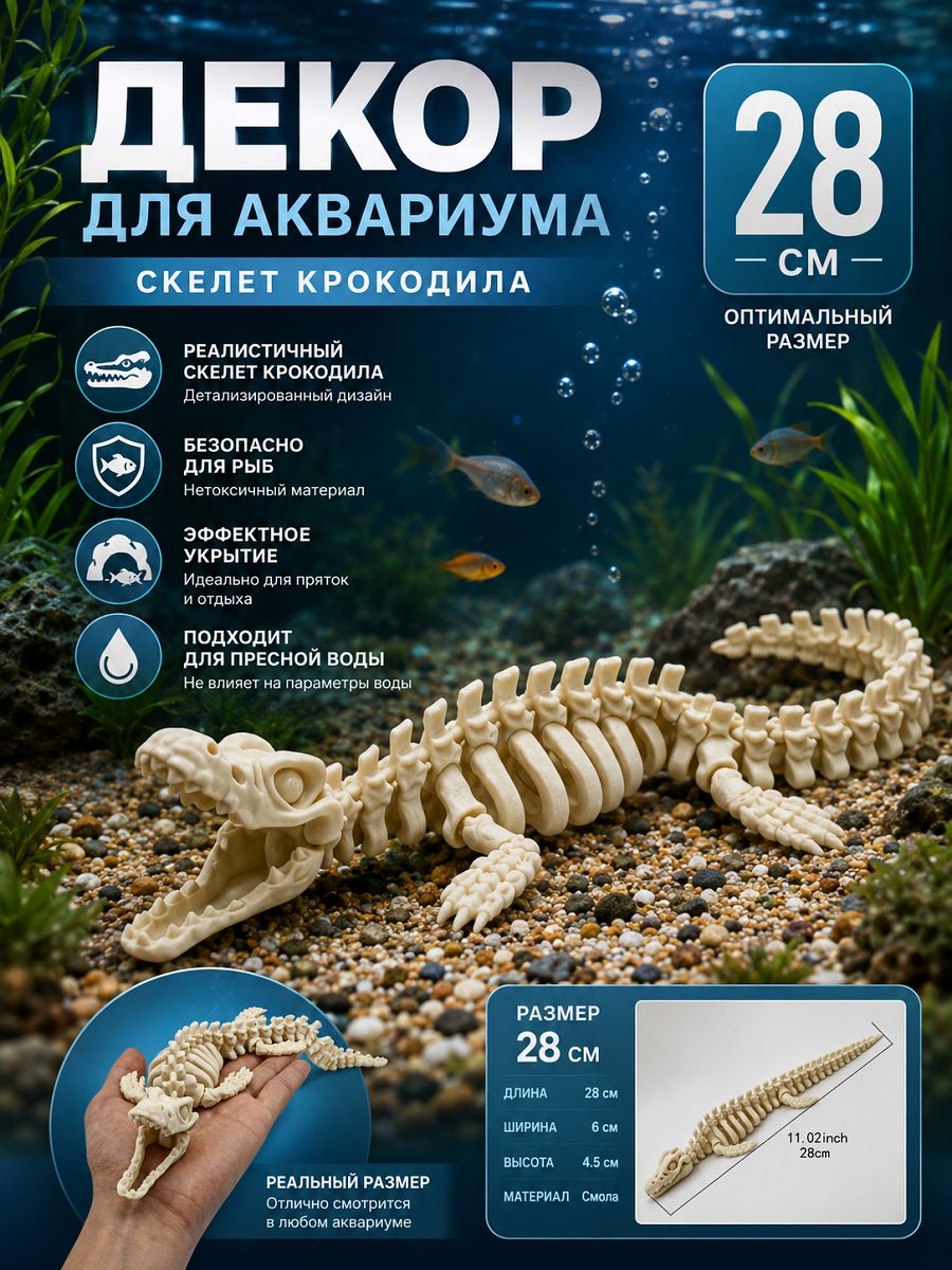 Декор для аквариума скелет крокодила 20 см фигурка для рыб и оформления подводного ландшафта
