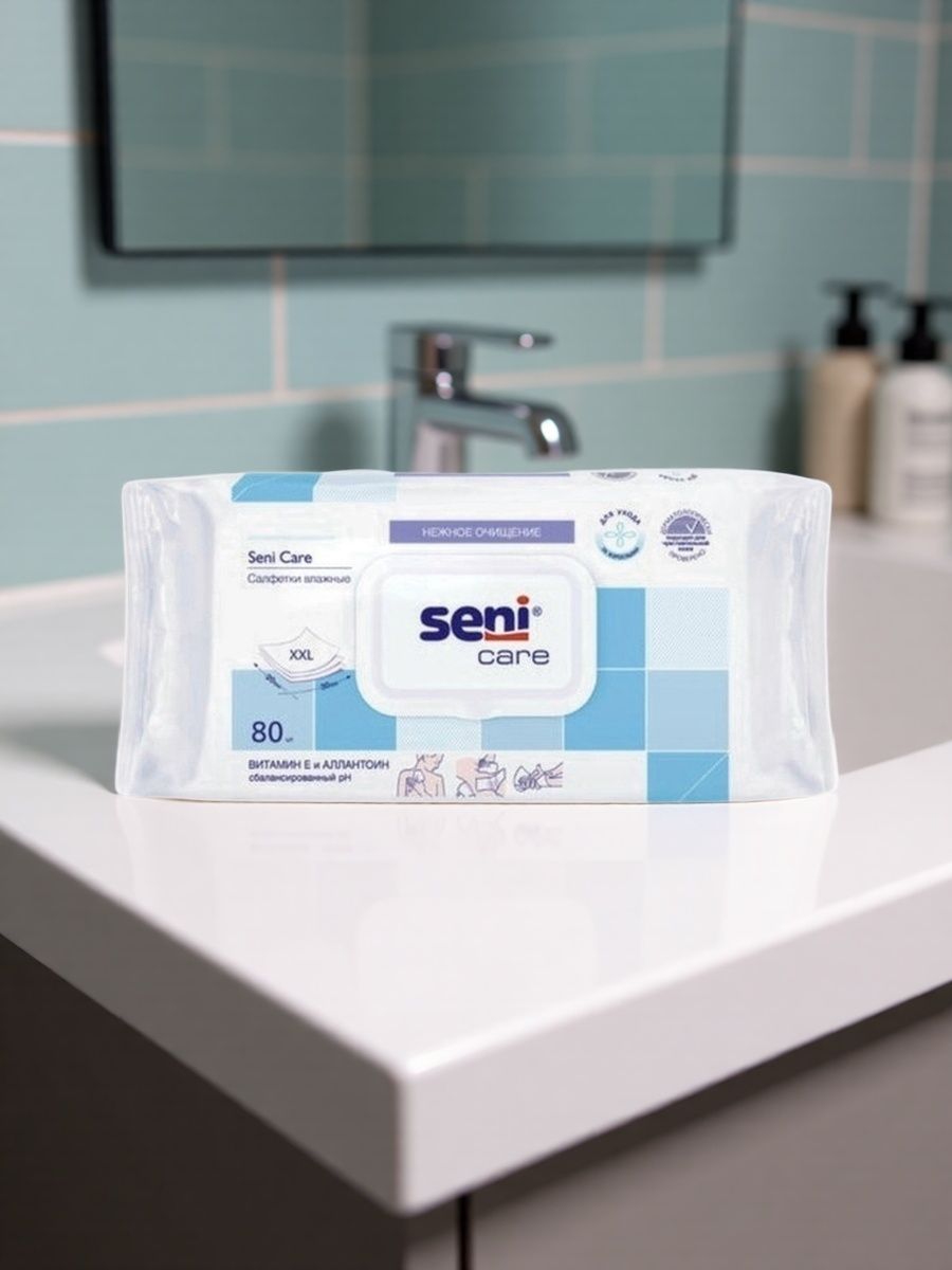 Салфетки влажные 80 шт. SENI CARE для ухода, с витамином Е и Аллантоином