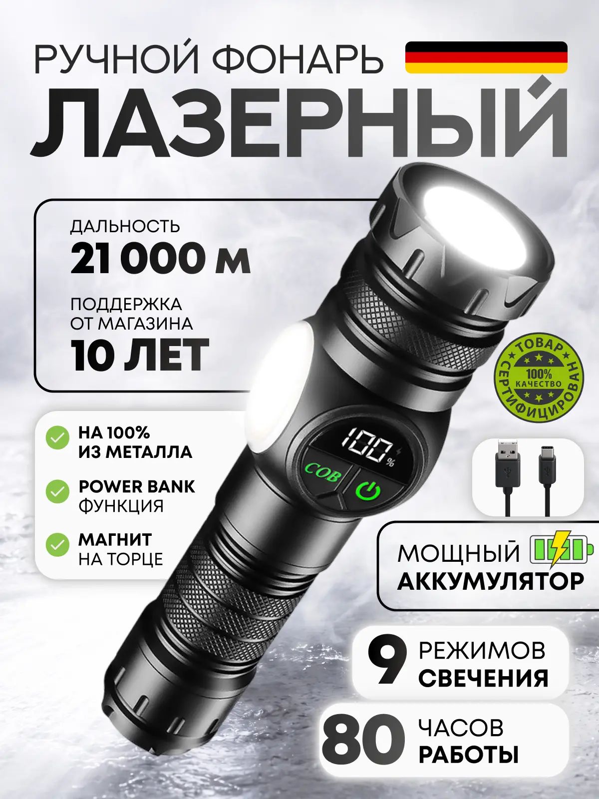 Мощный ручной фонарь профессиональный светодиодный аккумуляторный для дома, ремонта, рыбалки, туризма и отдыха на природ