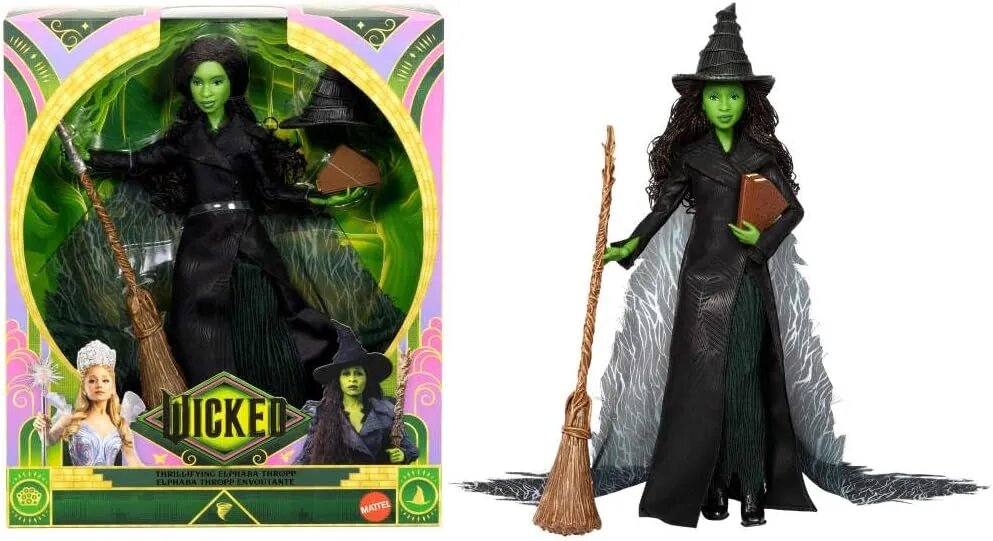 Кукла Mattel Wicked For Good Делюкс Эльфаба (JFM12) со съёмным платьем и 4 аксессуарами: метла, шляпа, книга, сапоги. Подвижная
