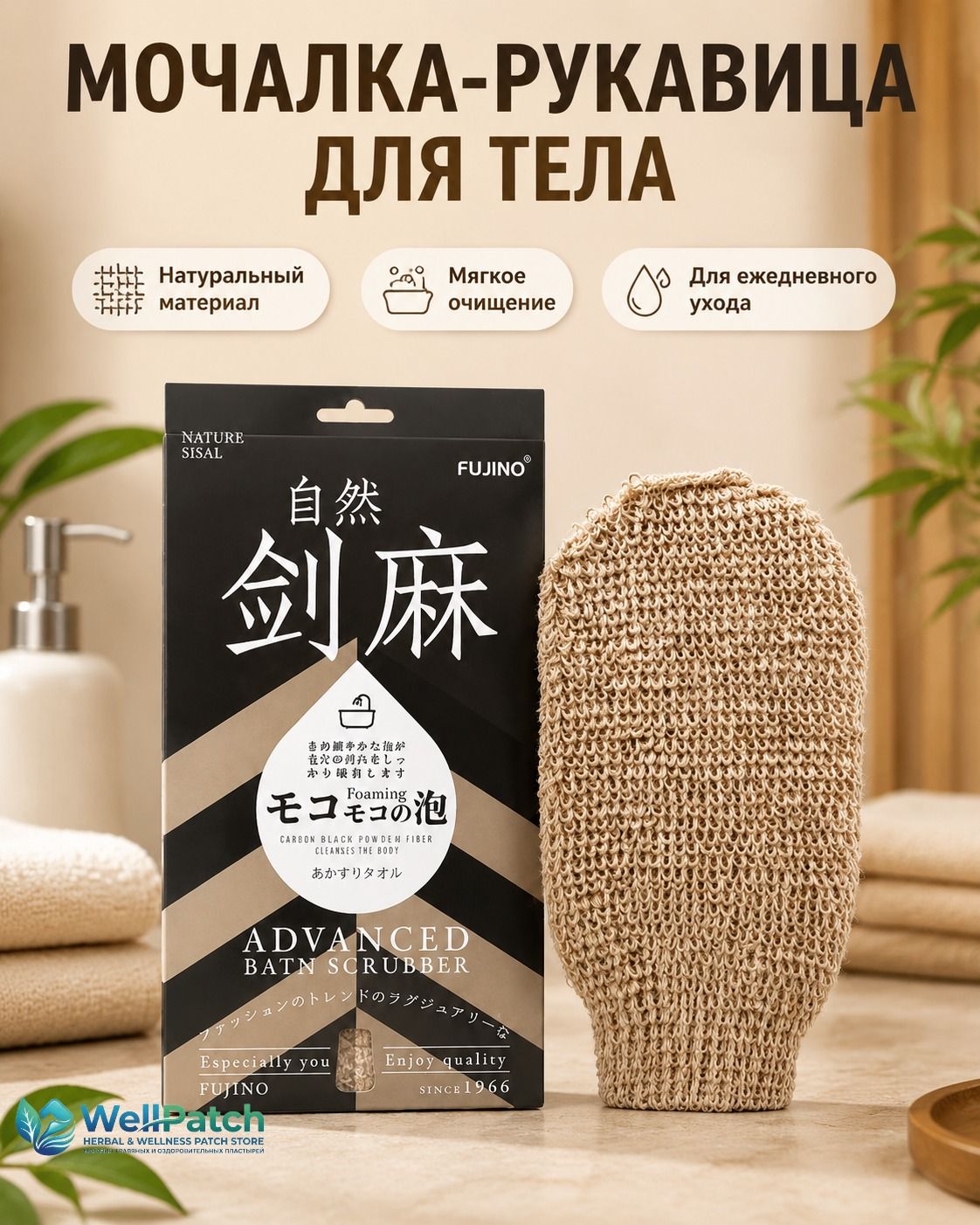 Мочалка для тела из сизаля в коробке, 1 шт