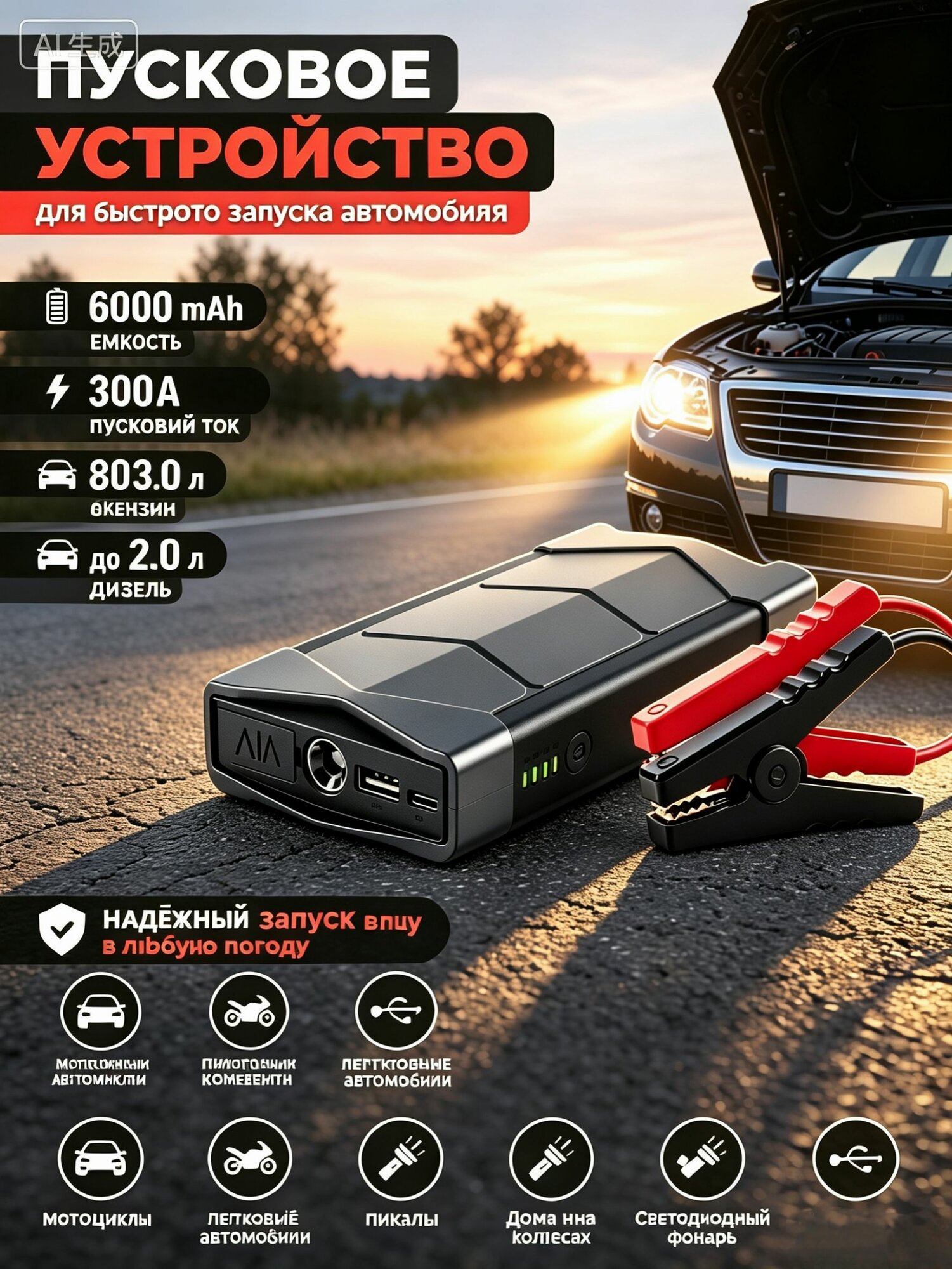Пусковое устройство для автомобиля, 6000 mAh, Пуско-зарядное устройство, Бустер автомобильный
