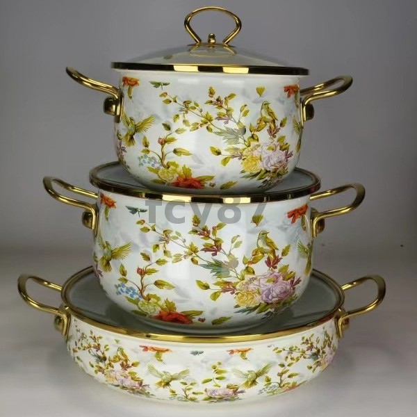Набор эмалированных кастрюль 3 шт (кастрюльки) для супа, 20CM+24CM+30CM, Птицы и цветы