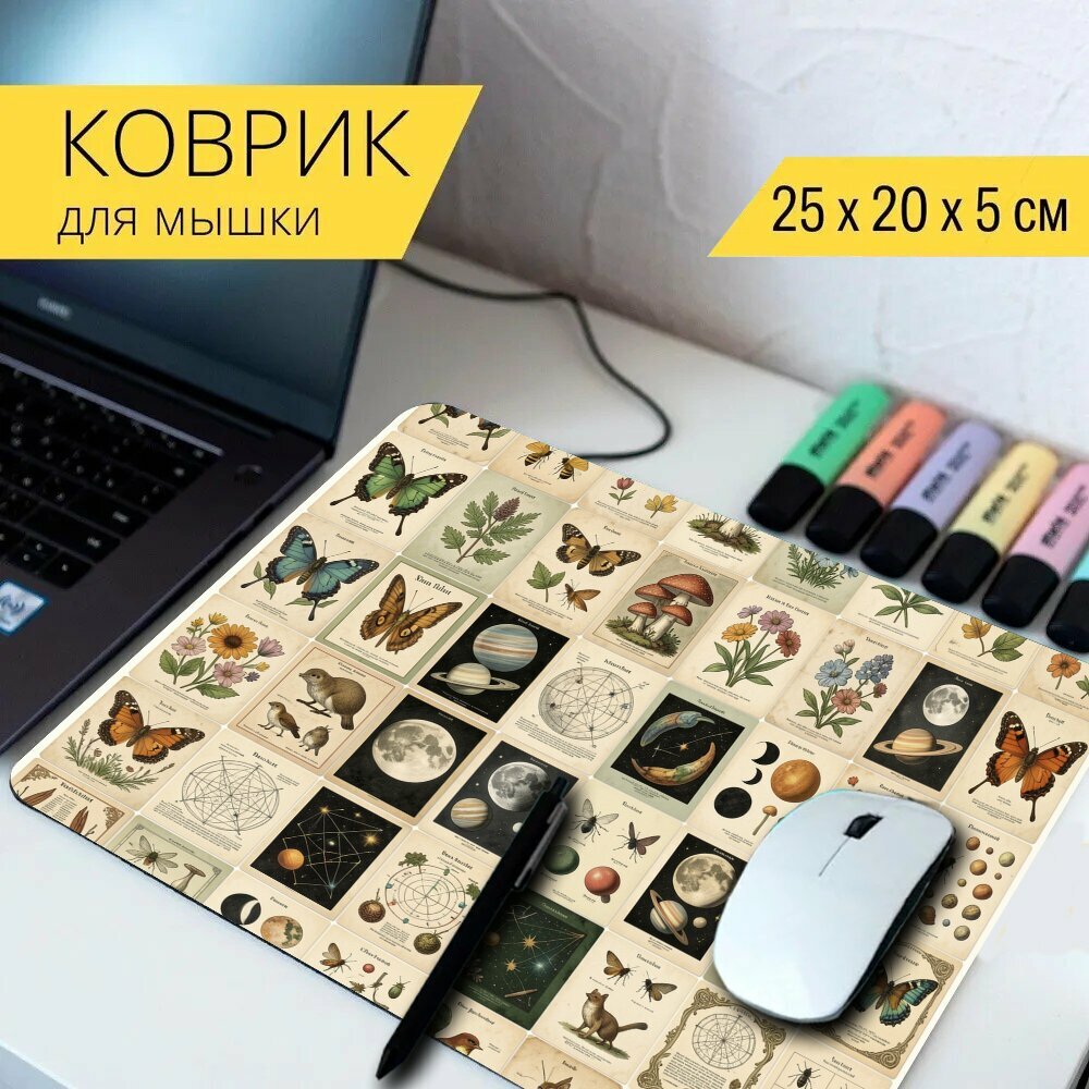Коврик для мыши с принтом "Набор винтажных природных иллюстраций. Старинные ботанические и астрономические рисунки с бабочками, цветами, грибами, луной и планетами. Бежевые." 25x20см.