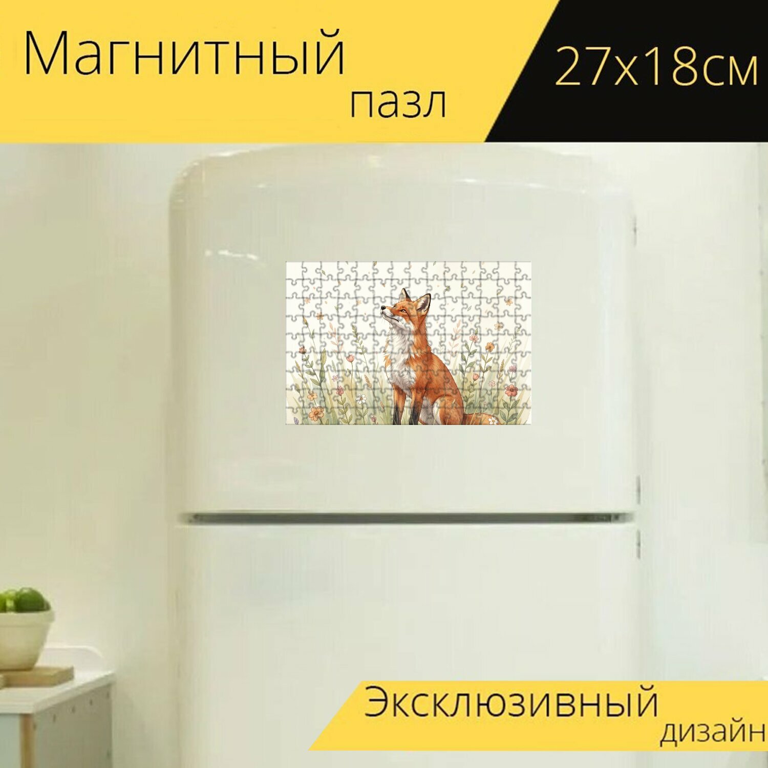 Магнитный пазл "Лиса в цветущем поле. Акварельная иллюстрация с рыжей лисой среди луговых трав и нежных полевых цветов. Светлая пастельная палитра." на холодильник 27 x 18 см.