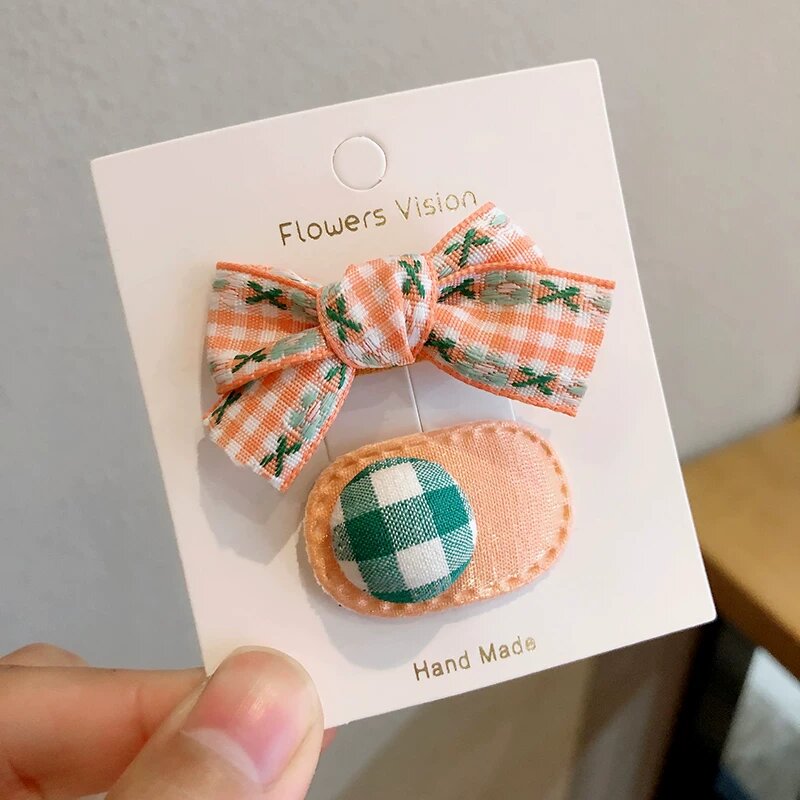 Оранжевые заколки с зеленой пуговицей и бантом для малышей, цветочный узор детские аксессуары для волос