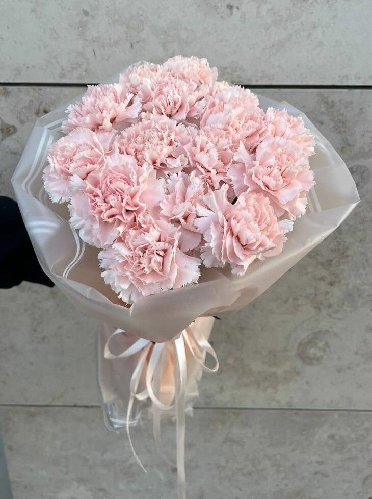 Букет живых цветов / Монобукет из Гвоздик / Цвет розовый / Высота 55 см / 15 шт