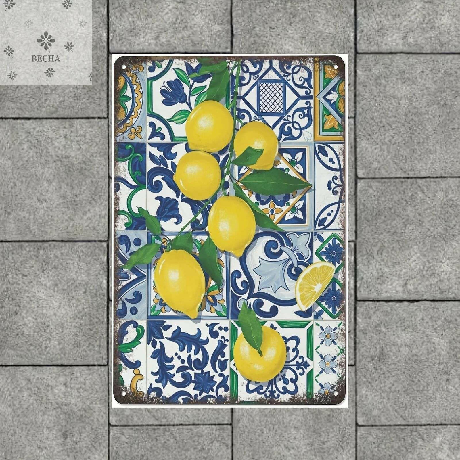 Ретро-металлическая жестяная вывеска в деревенском стиле: Лимон с итальянской плиткой,2D Плоская подвесная табличка, декоративная роспись 20х30 см