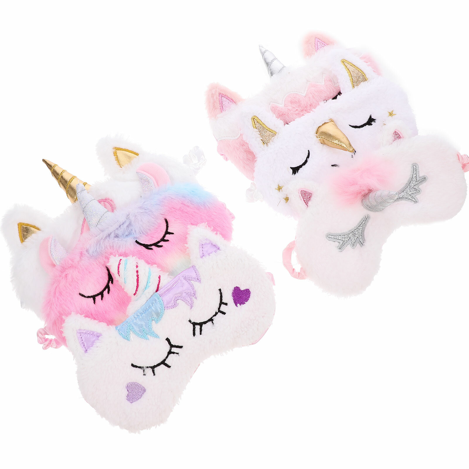 Милые плюшевые маски для сна с 3D-единорогом, 6 штук (белая с золотым рогом + радужный единорог + волна + розовая 3D + золотая 3D + единорог с фиолетовым сердечком).