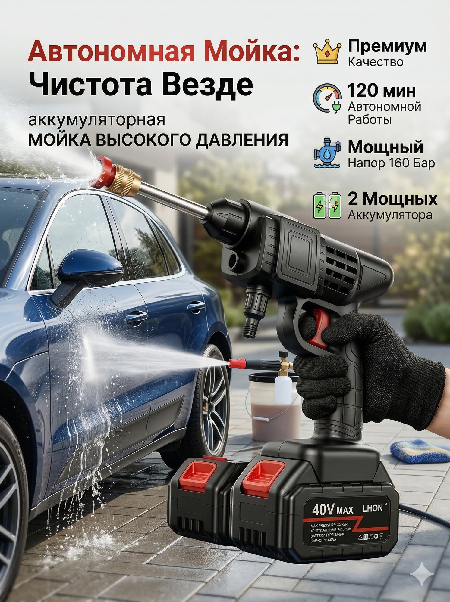 Мойка высокого давления, портативная, аккумуляторная, 1000W, 30Bar