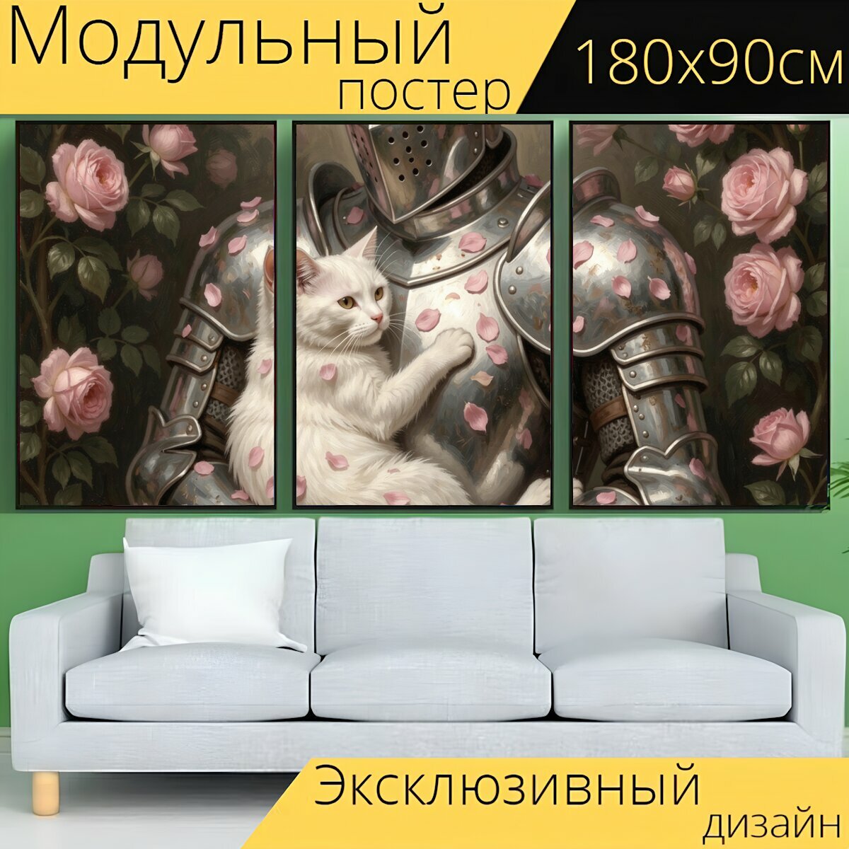 Модульный постер "Рыцарь с белым котом. Средневековые доспехи, обнимающие пушистую кошку среди цветущих роз и лепестков. Романтическая." 180 x 90 см. для интерьера на стену в тубусе