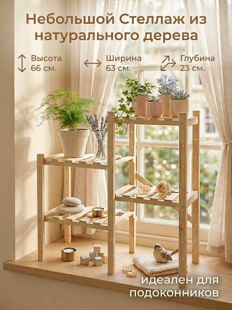 Стеллаж деревянный для дома 66х63х23 см / Этажерка деревянная на 4 полки