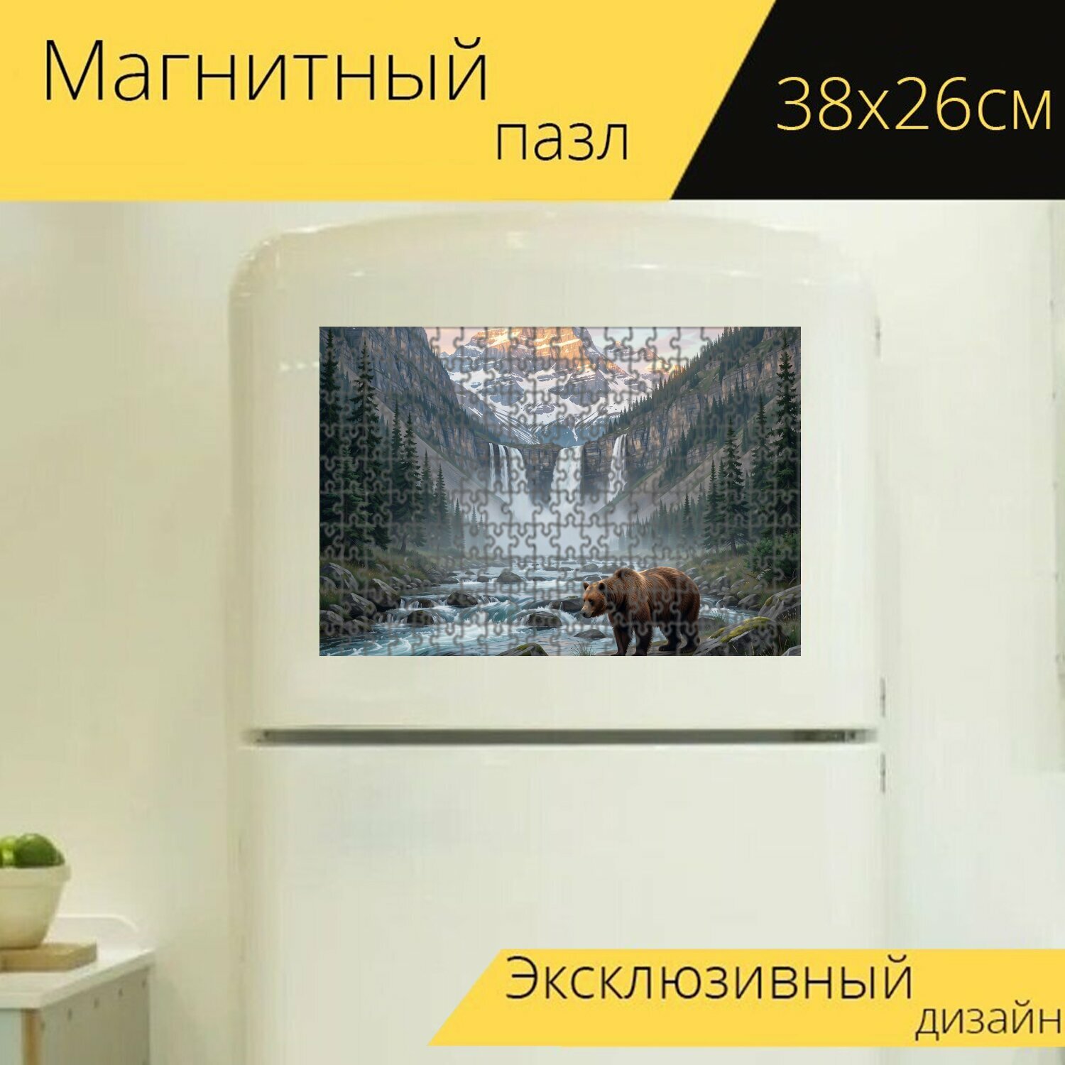 Магнитный пазл "Медведь у реки в горах. Величественный дикий зверь на каменистом берегу среди хвойного леса, водопадов и заснеженных вершин. Реалистичный." для интерьера, 38х26 см.