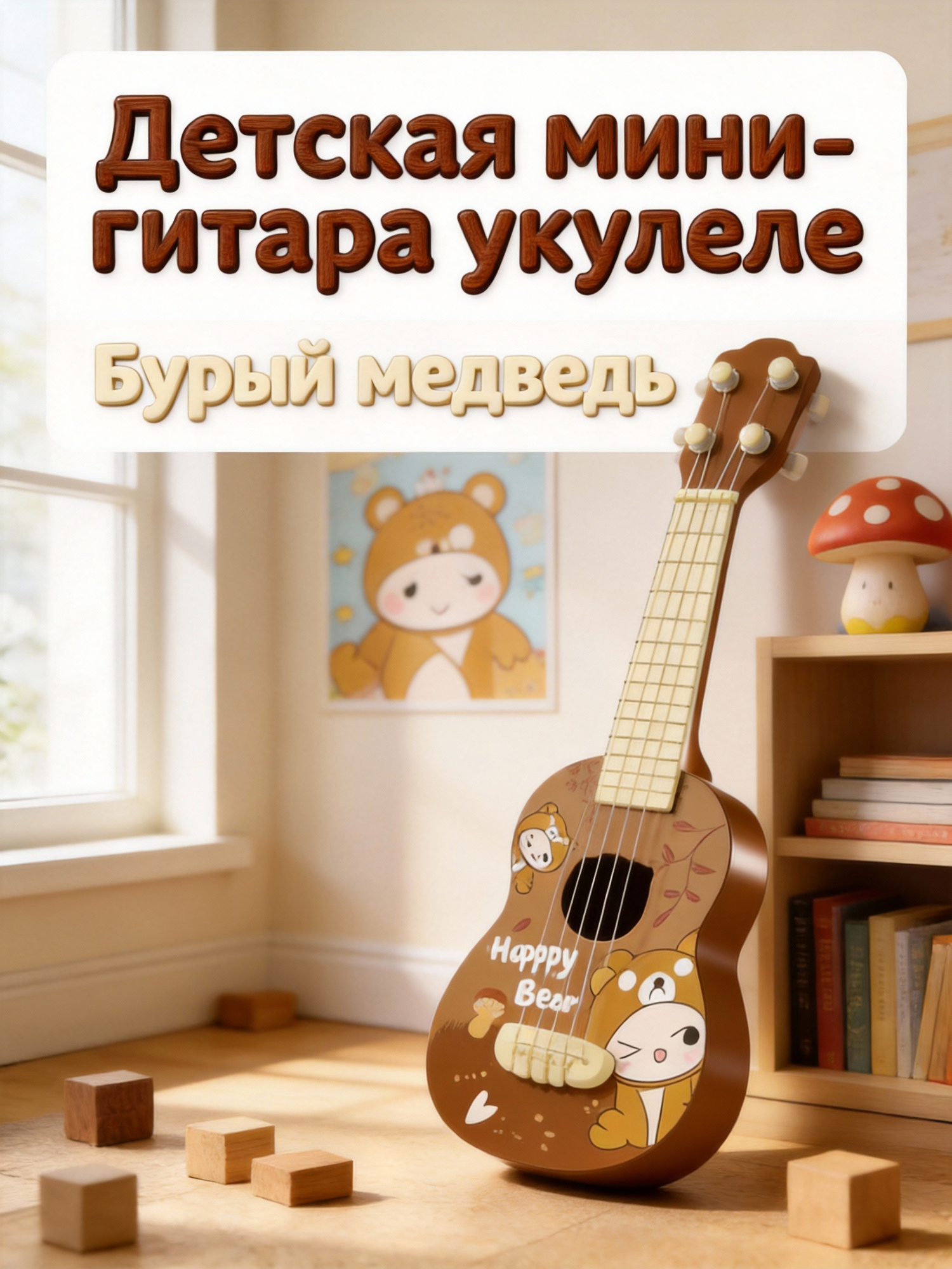 Детская мини-гитара укулеле игрушка, пластиковая с четырьмя нейлоновыми струнами для обучения музыке и развития моторики Бурый медведь