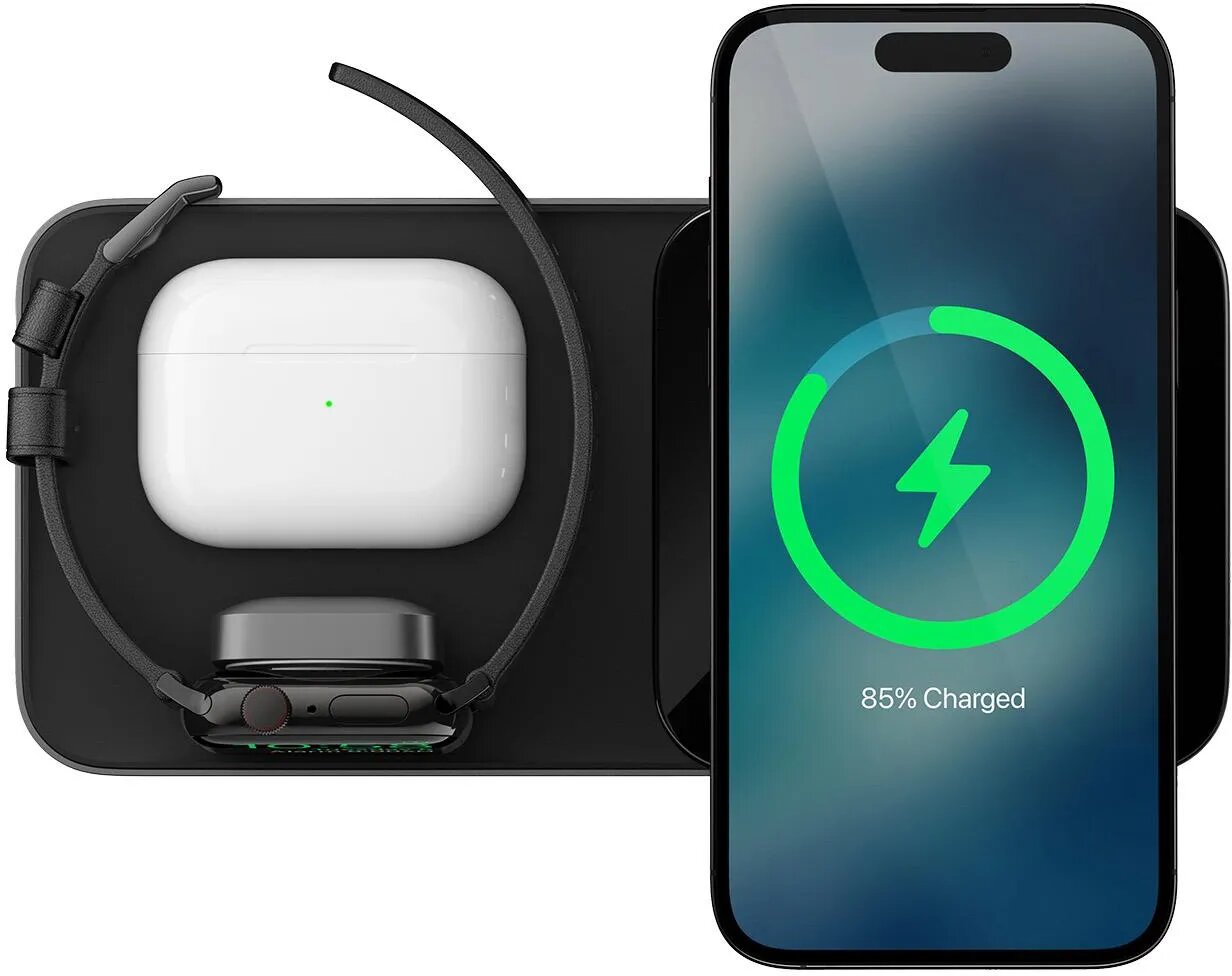 Беспроводное зарядное устройство 3 в 1 Nomad Base One Max V2 с поддержкой MagSafe, 15 Вт, чёрный карбид