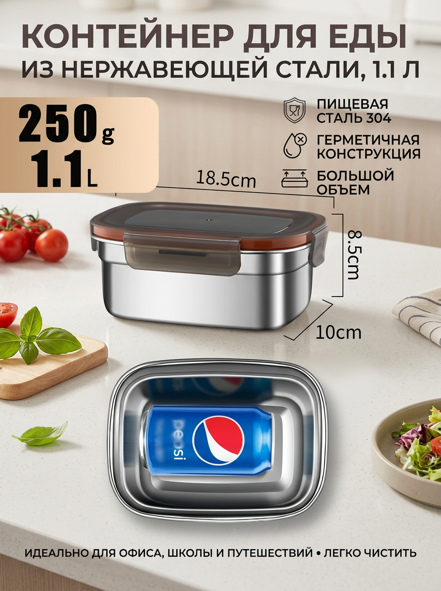 Контейнер пищевой, герметичный, 1100мл, прямоугольный, нержавеющая сталь, 1 шт.