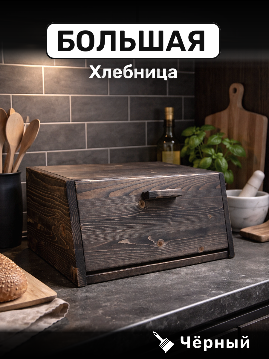 Хлебница большая деревянная с крышкой - доской для хлеба. (черный)