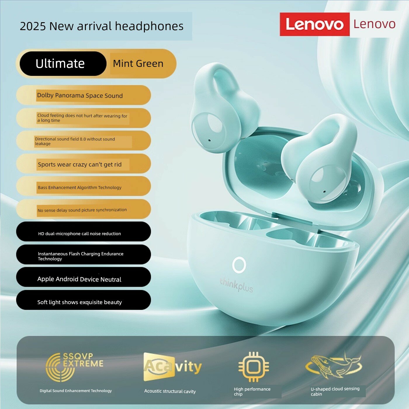 Lenovo Открытые наушники с костной проводимостью Bluetooth беспроводные спортивные наушники с шумоподавлением для бега
