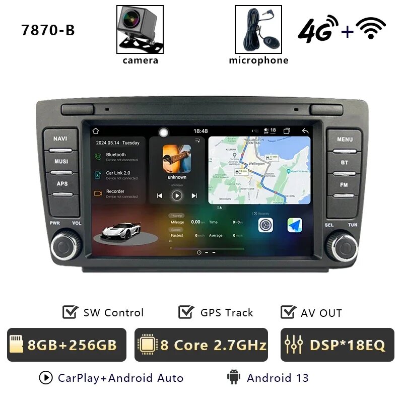 Автомагнитола Android 13 Carplay для Skoda Octavia A5, 8GB+256GB, 7870-B