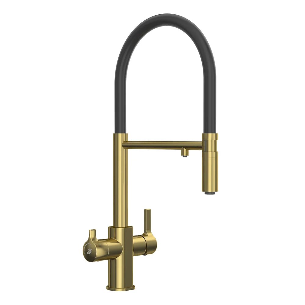 Смеситель для кухни Elghansa Kitchen Pure Water 56F5511 с гибким изливом, с краном для питьевой воды, с поворотным изливом, золотой, матовый, однорычажный, нержавеющая сталь, с керамическим картриджем
