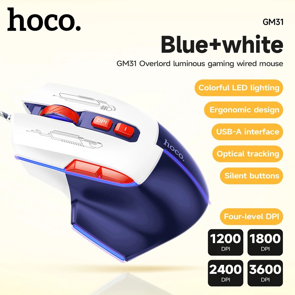 HOCO GM31 Blue+white Проводная игровая мышь, 1200-3600 DPI