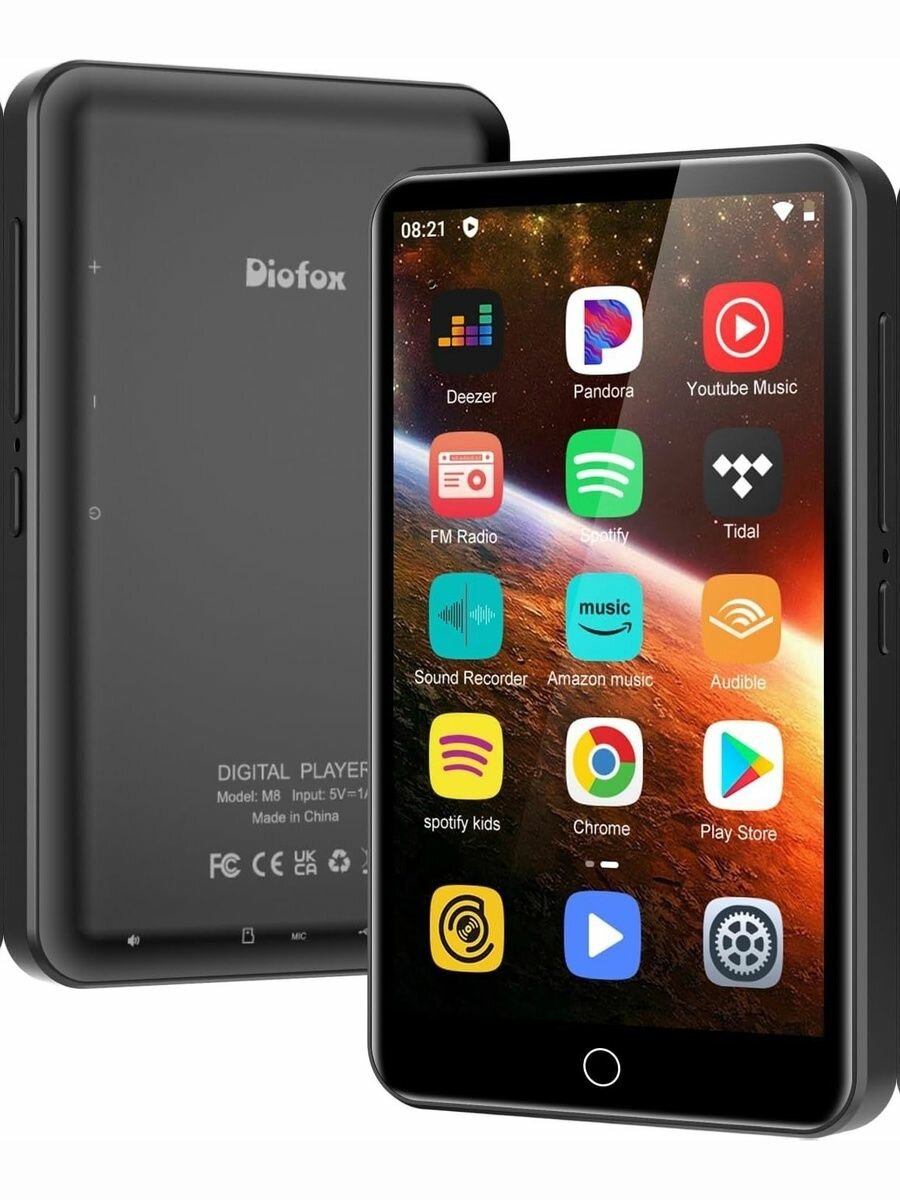 Diofox M8 мп3 плеер с bluetooth и Wi-Fi 80 ГБ/ 4-дюймовый полный сенсорный экран/ с наушниками и Карта памяти емкостью 64 ГБ/ радио/ Android 9.0/Несколько форматов воспроизведения музыки