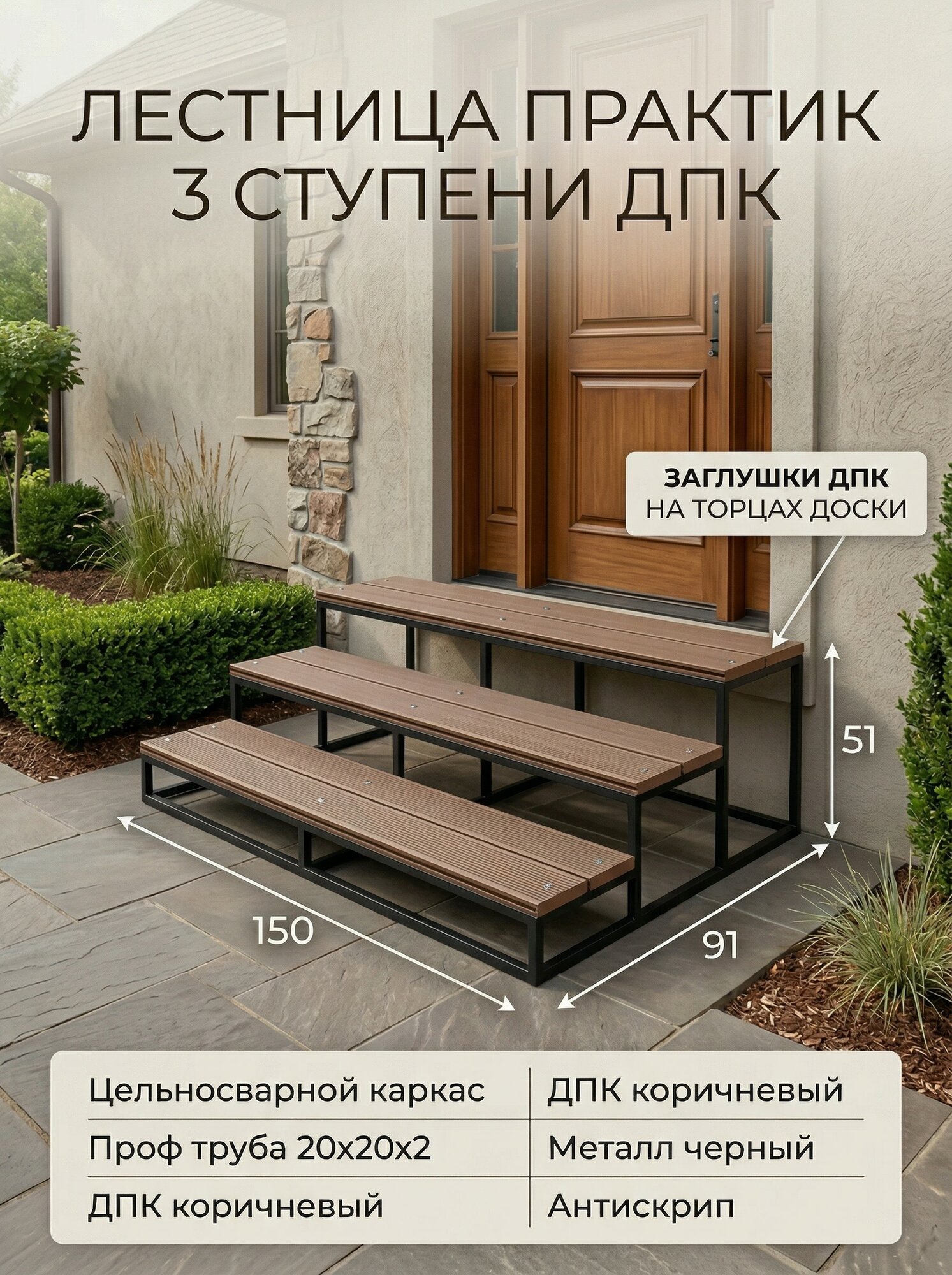 Крыльцо Практик 3 ступени из ДПК коричневый, ширина 150 см, 51х150х91 см, цельносварное, готовое
