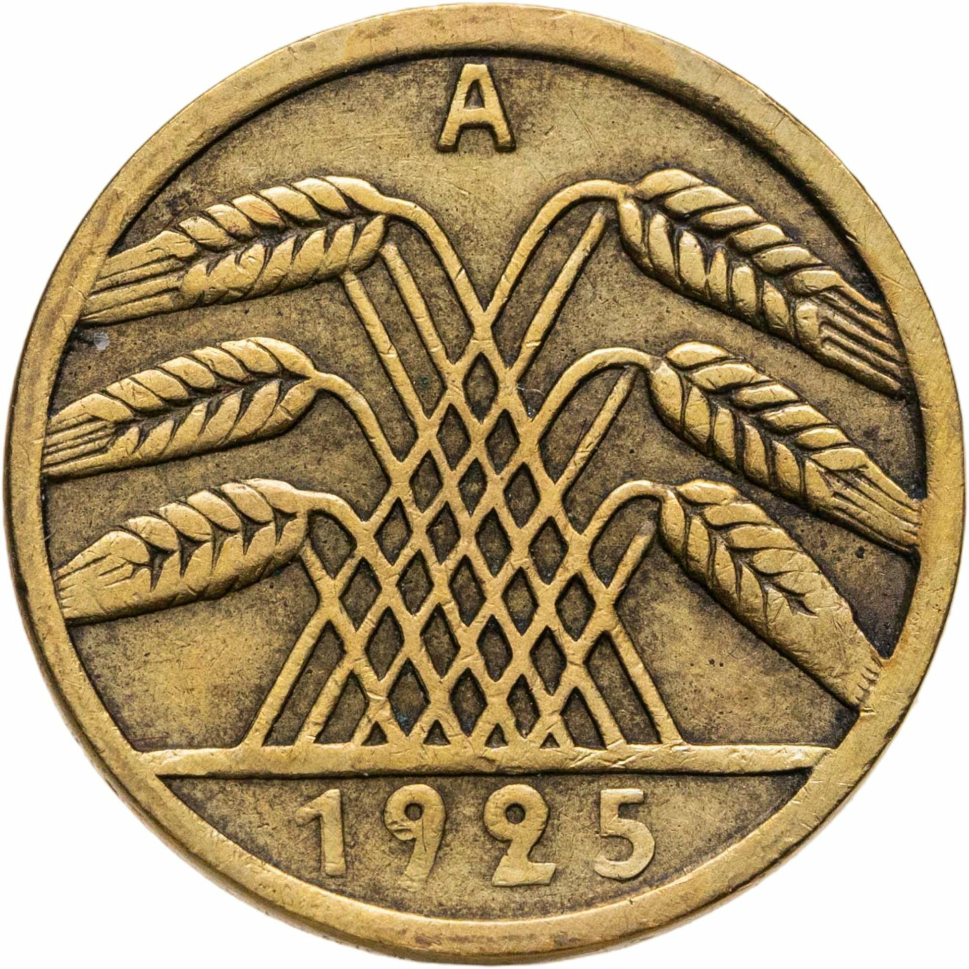 Германия 5 рейхспфеннигов reichspfennig 1925 A знак монетного двора "A" — Берлин, Бронза, в сохранности VF