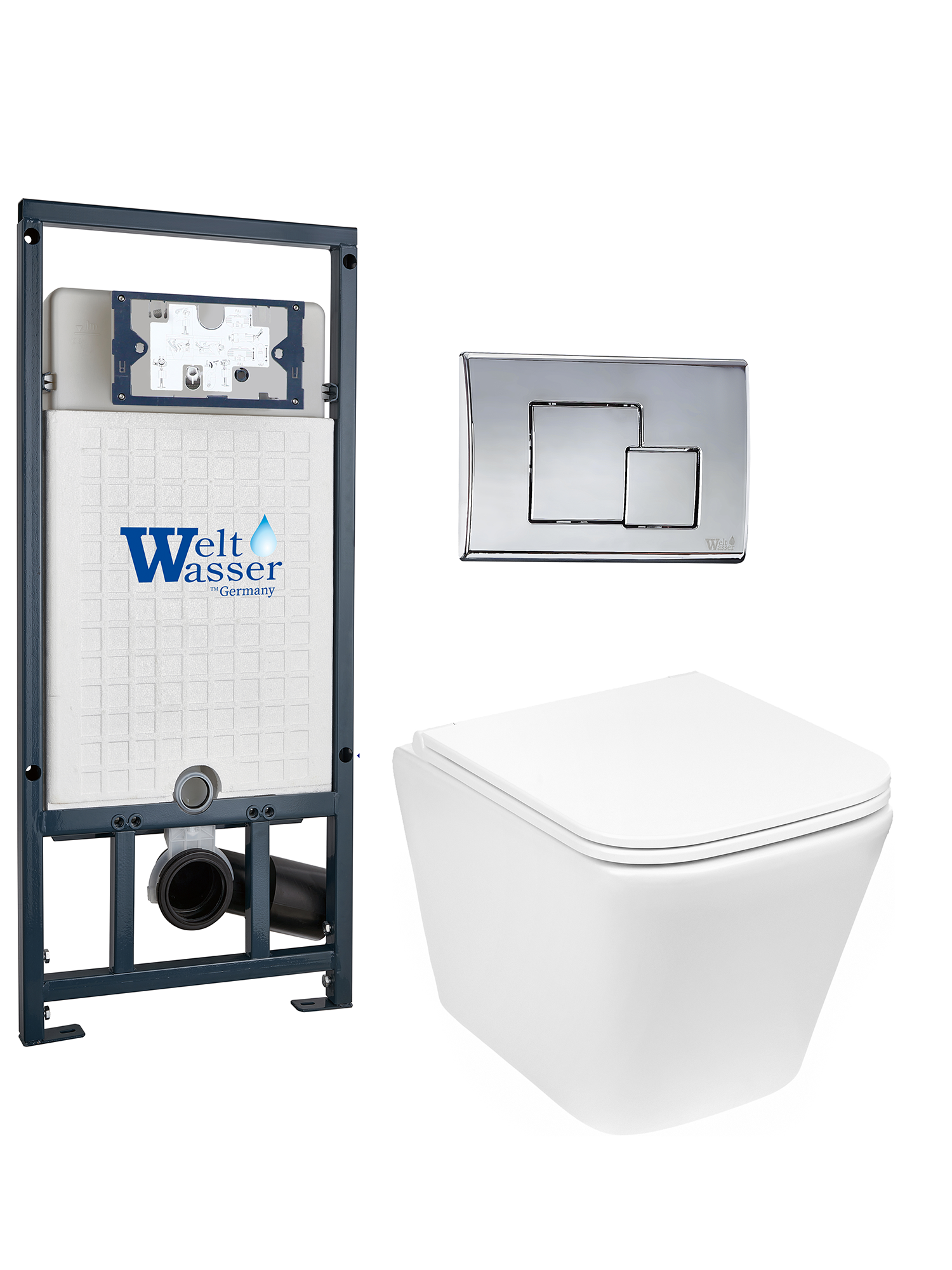 Комплект 3 в 1 Унитаз подвесной WeltWasser GELBACH 043 GL-WT безободковый+Инсталляция MARBERG 507 с кнопкой MAR 507 SE CR хром глянцевый