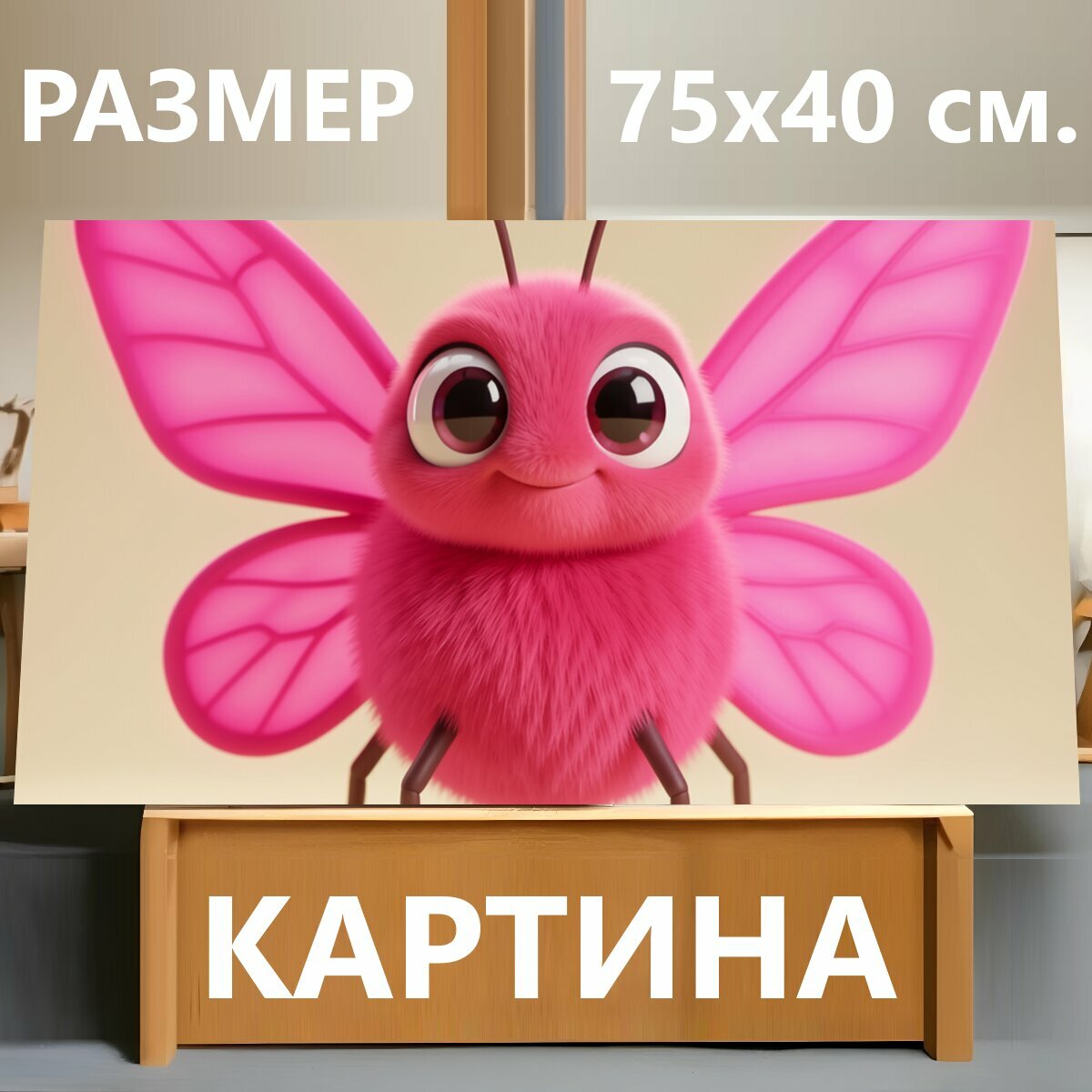Картина на холсте "Розовая мультяшная бабочка. Милое пушистое насекомое в 3D-иллюстрации с крупными глазами, прозрачными крыльями и усиками." на подрамнике 75х40 см. для интерьера