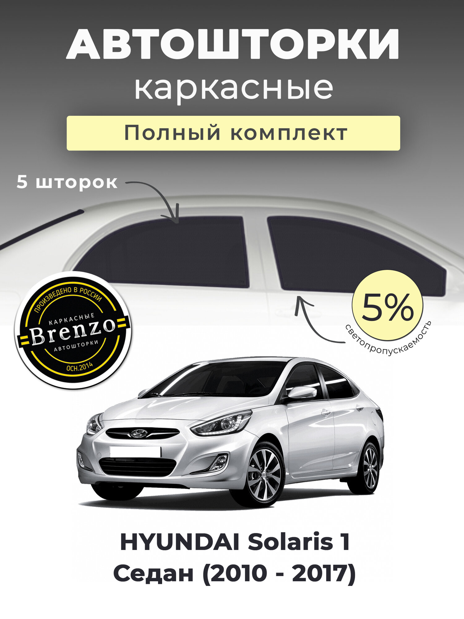 Каркасные шторки HYUNDAI Solaris 1 Седан (2010 - 2017) полный комплект 5%, сетки от солнца в машину
