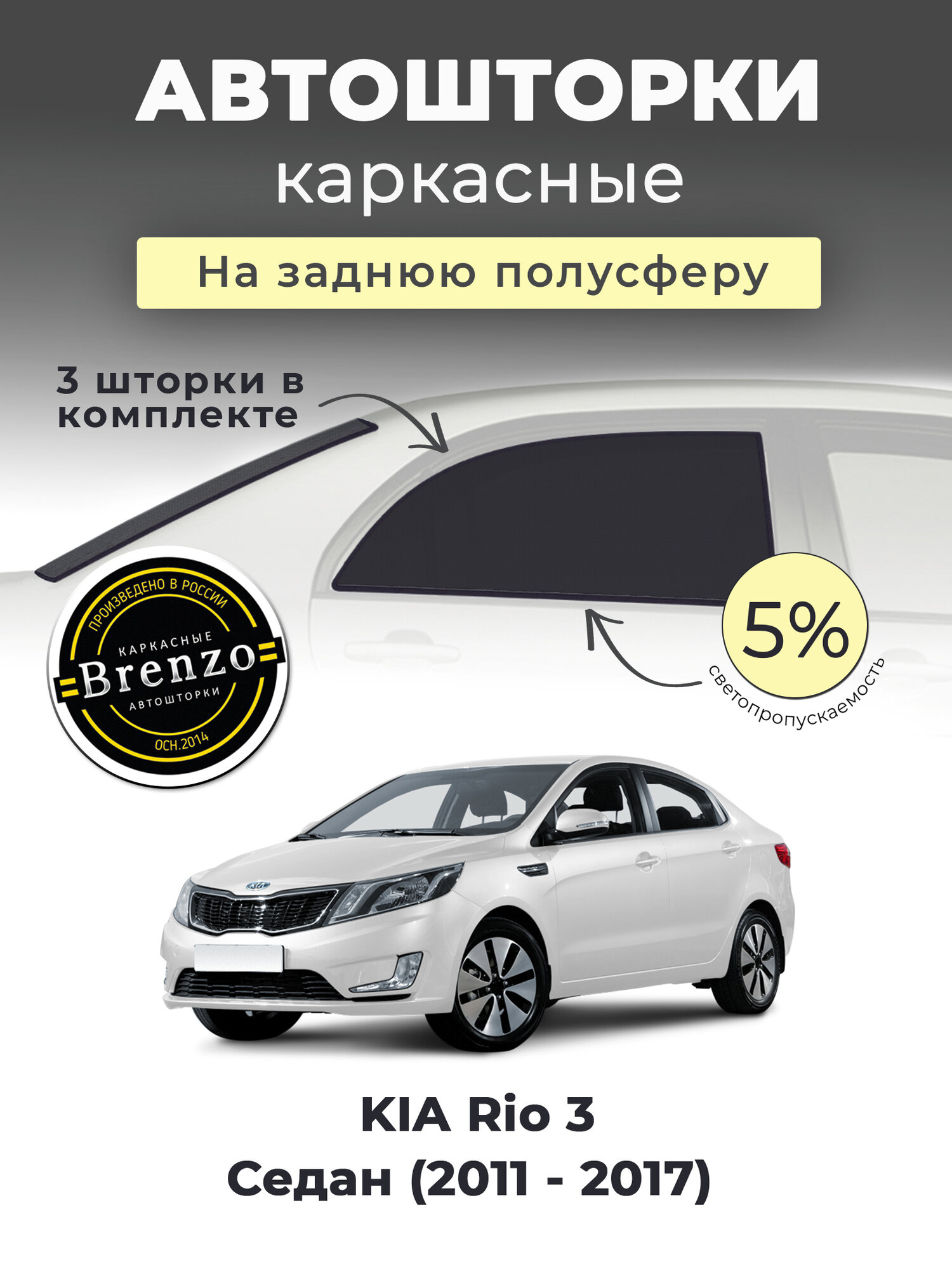 Каркасные шторки KIA Rio 3 Седан (2011 - 2017) на заднюю полусферу 5%, сетки от солнца в машину